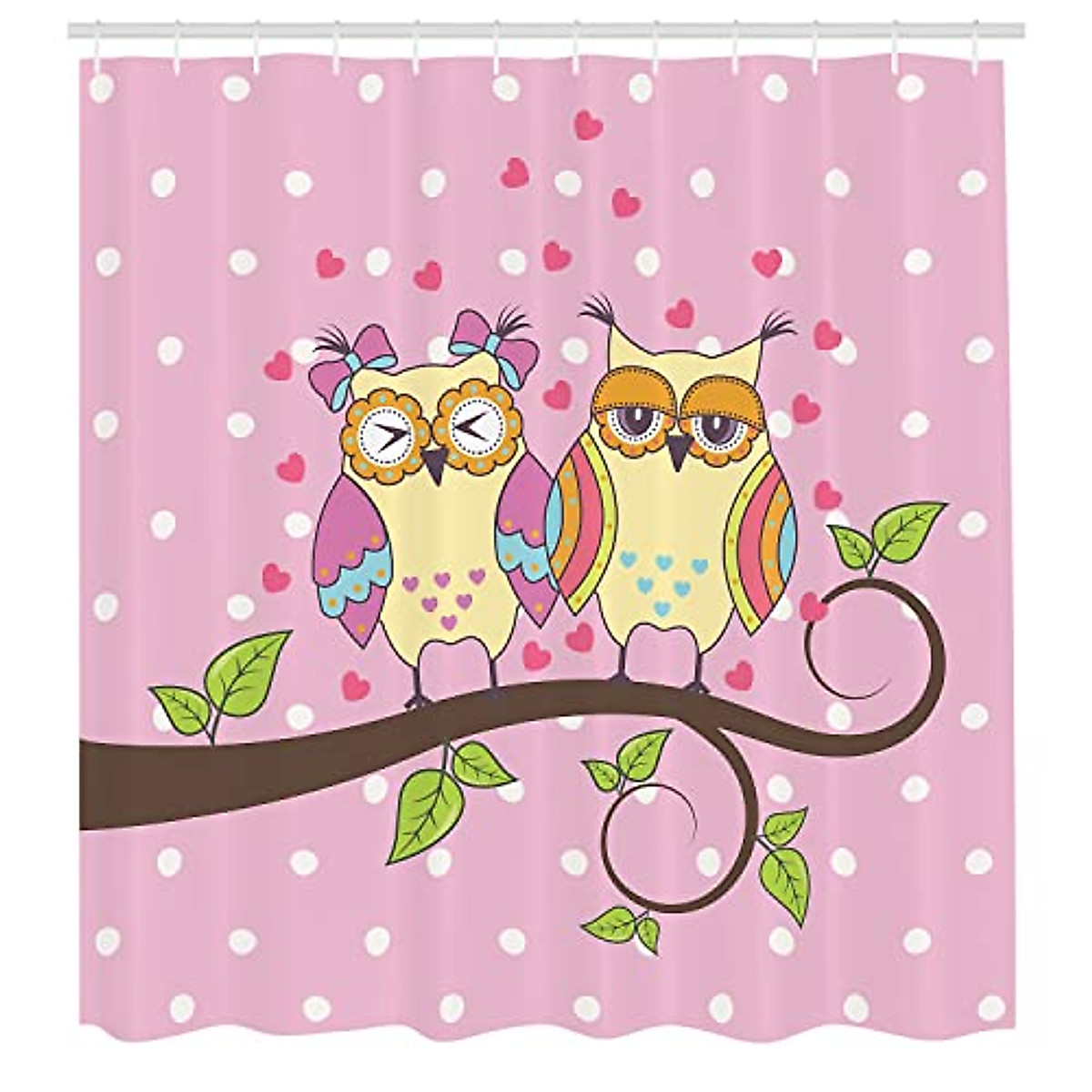 Ambesonne Owls Shower Curtain, Owls in Love on Branch Polkadots Leaves Hearts Romance Theme, Cloth Fabric Bathroom Decor Set with Hooks, 69" W x 70" L, Pale Yellow Apple Green