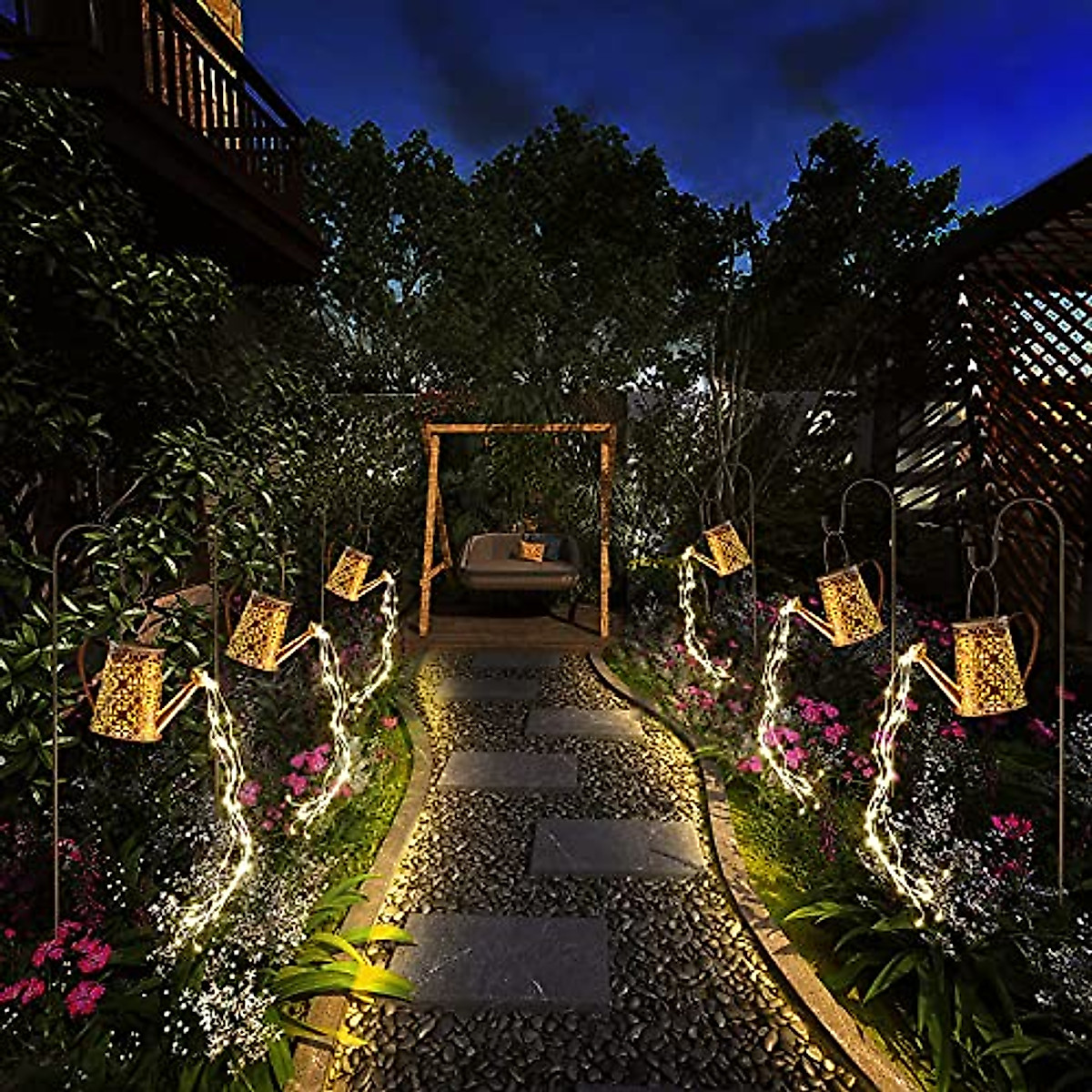 Gusgopo Small Solar Outdoor Lights, Hanging Waterproof Garden Decor Strip Light, Automatic Warm LED Metal Watering Can Light, Decoration for Landscape, Patio, Yard, Lawn, Pathway, Walkway, Tree