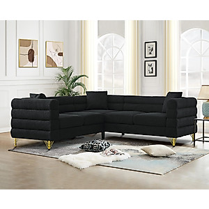 Comfy Boucle L Shaped Sofa, 81.5" Oversized Sectional Couch with Deep Seated Design, Upholstered Corner Sofa Couch with 3 Pillows, Modern Couches for Living Room, Apartment, Waiting Room, Black Teddy