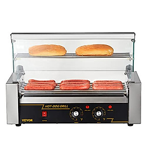 VEVOR Hot Dog Roller 5 Rollers 12 Hot Dogs Capacity, 750W Stainless Sausage Grill Cooker Machine with Dual Temp Control Glass Hood Acrylic Cover Bun Warmer Shelf Removable Oil Drip Tray ETL Certified