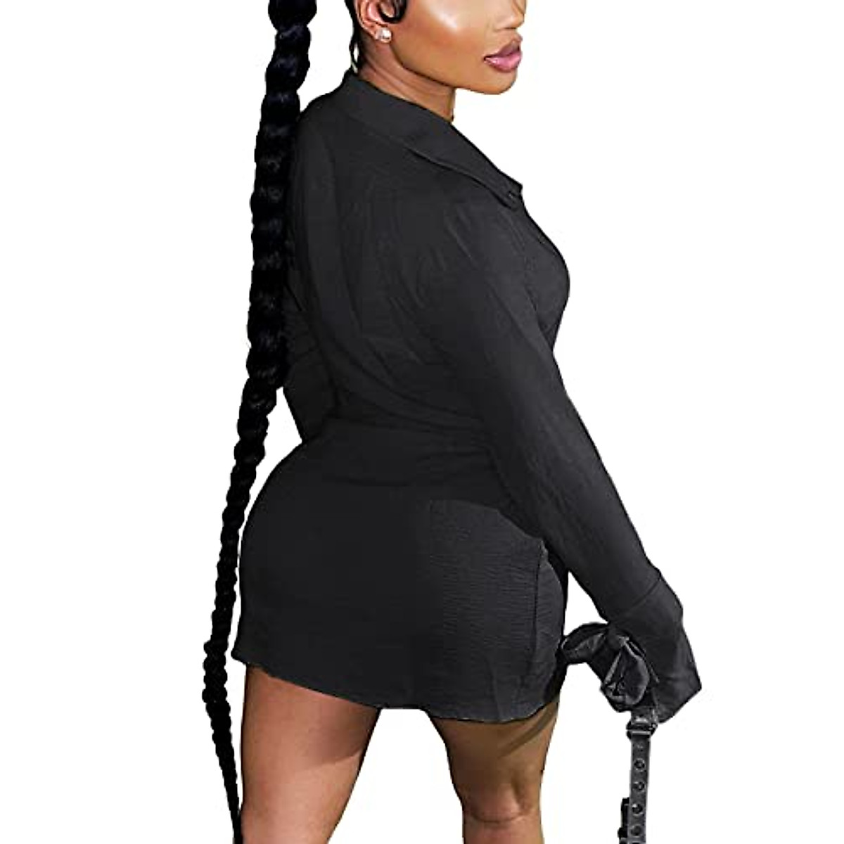 LYANER Women's Sexy Collar V Neck Wrap Hem Long Sleeve Club Party Bodycon Mini Dress Black Small