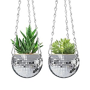 Sliver Disco Mirror Ball Planter with Chain- 4Inch Plant Hanger, Hanging Flower Succulents Pots,Home Boho Hanging Planter for Indoor Outdoor Plants,2 Pcs