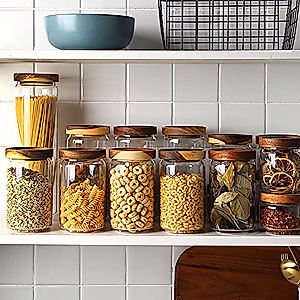 Bekith 3 Pack Glass Storage Containers with Airtight Seal Acacia Wood Lids, 31.6 FL OZ (950ml) Clear Glass Food Storage Jars for Kitchen, Glass Pantry Canister for Spaghetti Pasta, Coffee, Beans
