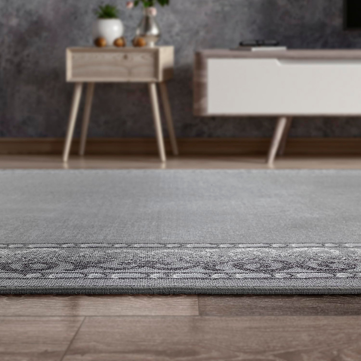 Antep Rugs Alfombras Bordered Modern 5x7 Non-Slip (Non-Skid) Low Pile Rubber Backing Indoor Area Rug (Gray, 5' x 7')