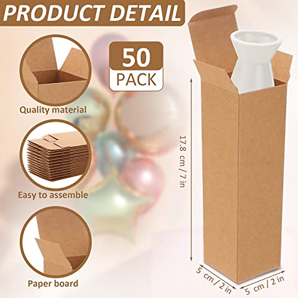 Sabary 50 Pcs Small Kraft Paperboard Gift Box 2 in x 2 in x 7 in Rectangular Brown Kraft Boxes Small Cardboard Boxes for Shipping, Packaging, Gift Wrapping, Party Favors, Easy to Assemble