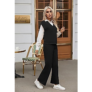 Pink Queen matching sets for women 2 Piece Cap Sleeve Sweater Knit Pullover Top Wide Leg Pants Matching Sets Black S