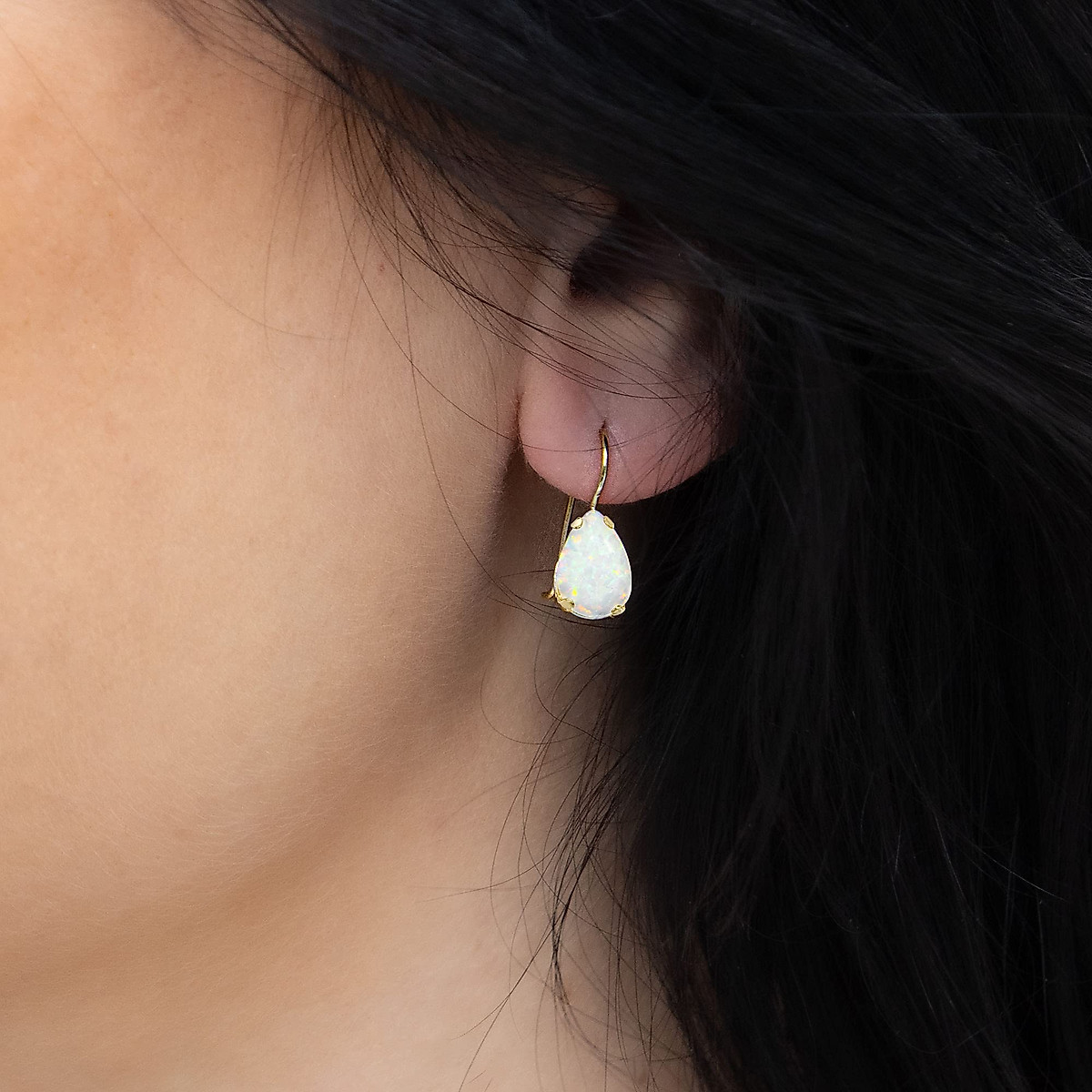 14K Yellow Gold 7X10mm White Opal Teardrop Gemstone Drop Earrings, October Birthstone, Dainty Opal Gemstones Earrings, Bridal Handmade Wedding Jewelry Gift for Brides