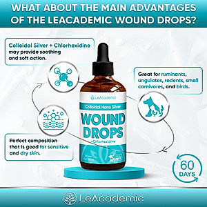 LeAcademic Dog Wound Care in Drops | Cat Wound Care + Chlorhexidine | Wound Care for Dogs with Colloidal Silver | Wounds, Itching, Irritation, Scratches, Bites | Great with Dog Cone | 2 Oz