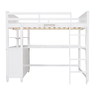 Full Size Loft Bed with Desk and Storage Drawers, Wood Full Loft Bed with Safety Guardrails, Ladder, Headboard and Footboard, High Loft Bed for Kids, Teens, Adults Boys & Girls(Full, White)