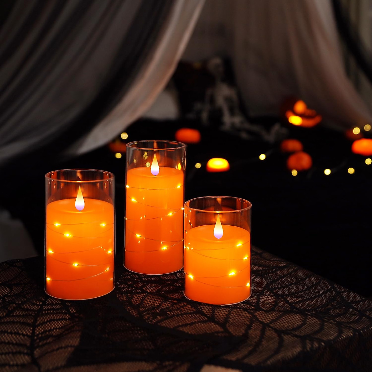 Homemory Halloween Orange Flameless Candles with String Lights, Battery Operated LED Candles with Remote and Timer, Flickering Candles for Halloween Decoration, Fall, Harvest Festival