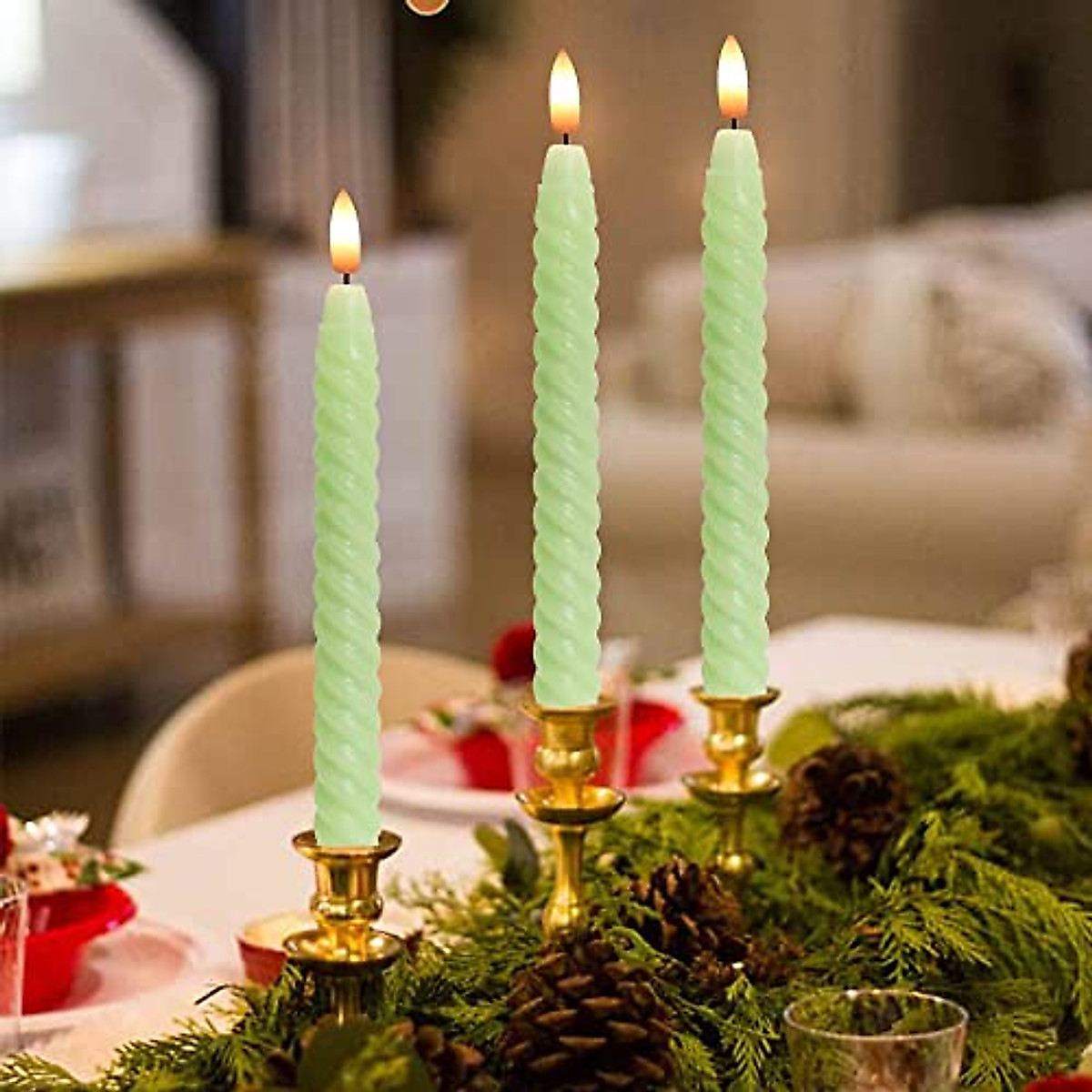 Lasumora Christmas Flameless Taper Candles Flickering with 10-Key Remote, Battery Operated 3D Wick LED Spiral Window Candles 6 Pack Real Wax Wedding Home Birthday Christmas Decor(0.78 X 9.8 Inchs)