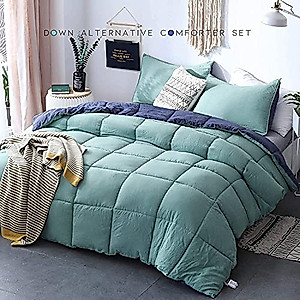 KASENTEX All Season Down Alternative Quilted Comforter Set Reversible Ultra Soft Duvet Insert Hypoallergenic Machine Washable, King, Turquoise Sea Green/Twilight Blue
