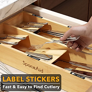 SpaceAid Bamboo Silverware Drawer Organizer with Labels, Kitchen Utensil Tray Holder Organizer for Flatware, Cutlery, Spoon and Knives Drawer Storage Organization (Natural, 6 Slots)