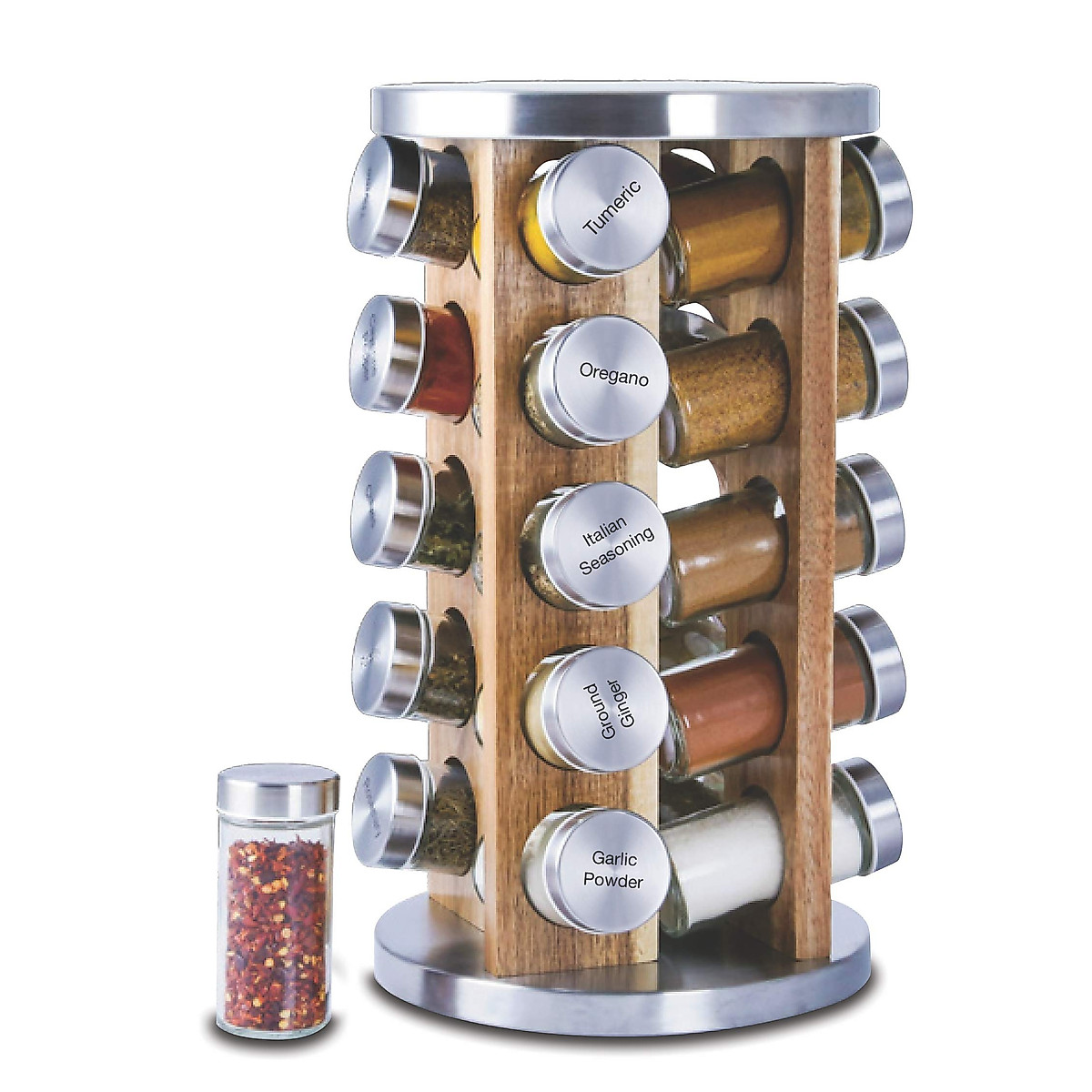 Orii 20 Jar Spice Rack with Spices Included - Tower Organizer for Kitchen Spices and Seasonings, Free Spice Refills for 5 Years (Natural Acacia Wood)