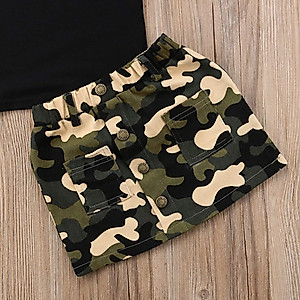 BOEBNOZCV Toddler Baby Girls Camouflage Outfit Black Letter Tops Shirt + Denim Skirt Dress Shorts Summer Two Piece Clothes Set (Camouflage Denim, 6-7 Years)