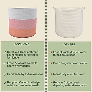 Eco Living Recycled Cotton Rope Storage Cube Basket, Plant Basket Multi-Purpose Woven Cube Organizer/Shelves, Closet Storage Bins, Nursery Kids Room Organizer 11 Inch Set of 3 - White & Pink