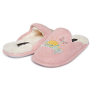 Lucky Brand Girls Micro Suede Scuff Slippers, Fuzzy Rubber Sole House Shoes, Kids Faux Fur Lined Indoor Outdoor Slipper, Pink, Size 2-3