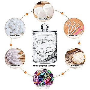 WELLDAY Apothecary Jars Bathroom Storage Organizer with Lid - 14 oz Qtip Holder Storage Canister, Paris Eiffel Tower Clear Plastic Jar for Cotton Swab, Cotton Ball, Floss Picks, Makeup Sponges,Hair Cl