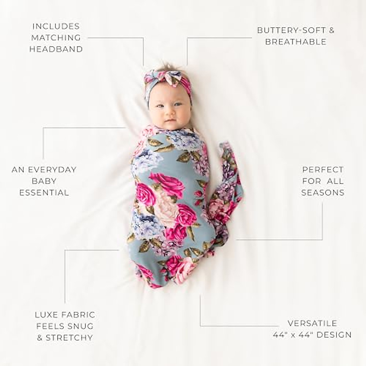 Posh Peanut Swaddle Blanket & Headband Set – Viscose from Bamboo Stretchy Baby Swaddle for Newborn Girls, Receiving Blanket or Nursing Cover (Lacey)