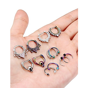 Tvalccoy 16g Septum Clicker Nose Rings Daith Dathe Earrings Smiley 16 Gauge Cute Silver Rainbow Surgical Stainless Steel Horseshoe Hoop Piercing Jewelry for Women Men Hypoallergenic 10mm Pack