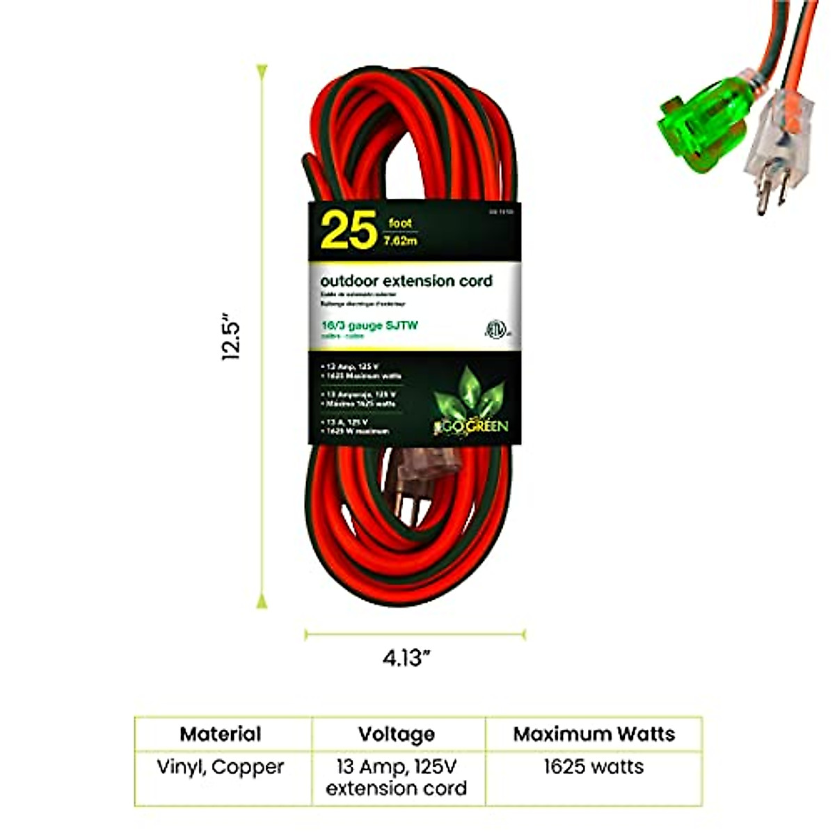 GoGreen Power GG-13725 16/3 25’ SJTW Outdoor Extension Cord, Lighted End, 25 Ft (2 Pack)