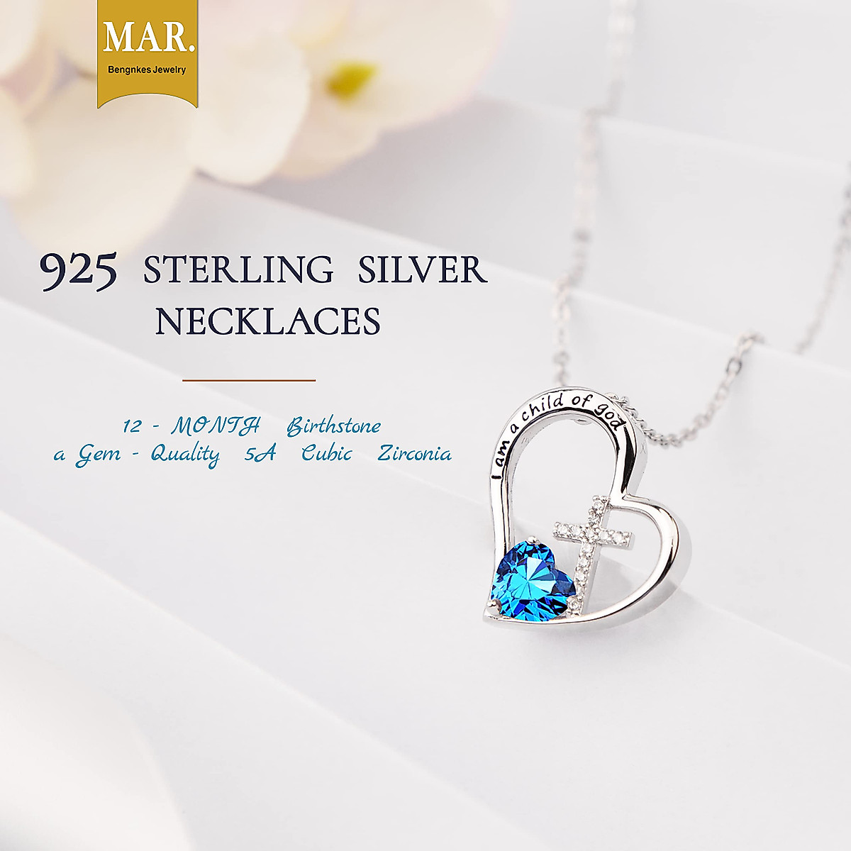 Bengnkes BG 925 Sterling Silver I Am a Child of God Cross Pendant Necklaces for Women, March Birthstone Blue Heart Necklace Communion Goddaughter Christian Baptism Gifts