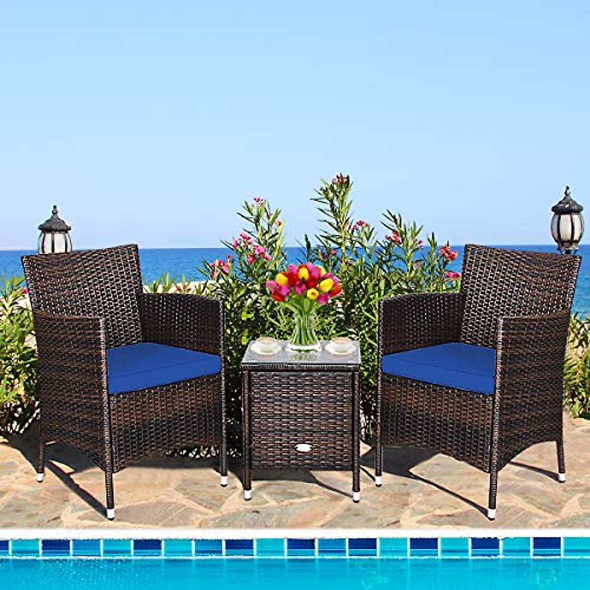 DORTALA 3 Piece Patio Furniture Set, Outdoor Rattan Conversation Set with Coffee Table, Chairs & Thick Cushions, Patio Sectional Sofa Set, Wicker Bistro Set for Patio Garden Lawn Backyard Pool, Navy