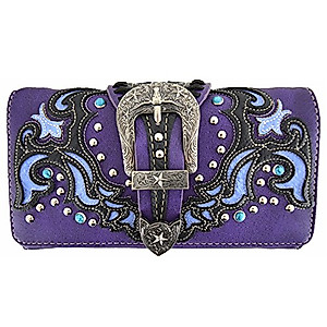 Western Style Belts Buckle Studded Concealed Carry Purse Laser Cut Handbags Women Shoulder Bag Wallet Set (Purple Set)