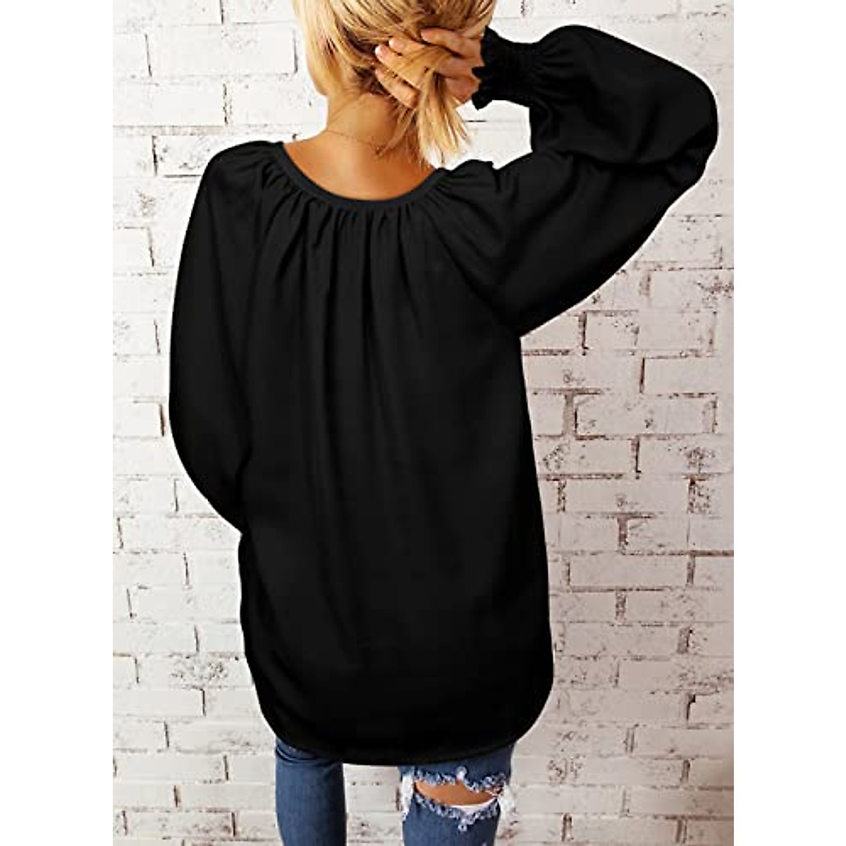 Dokotoo Womens Plus Size V Neck Chiffon Tunic Tops - Stylish Smocked Long Sleeve Shirts (XXL, Black)
