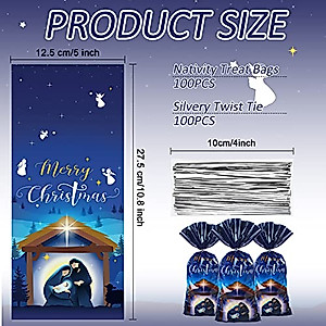 Funrous 100 Pack Holy Nativity Cellophane Gift Bag Religious Christmas Plastic Treat Bag Xmas Nativity Cello Goody Bags with Ties for Kids Birthday Party Christmas Party Decorations Supplies