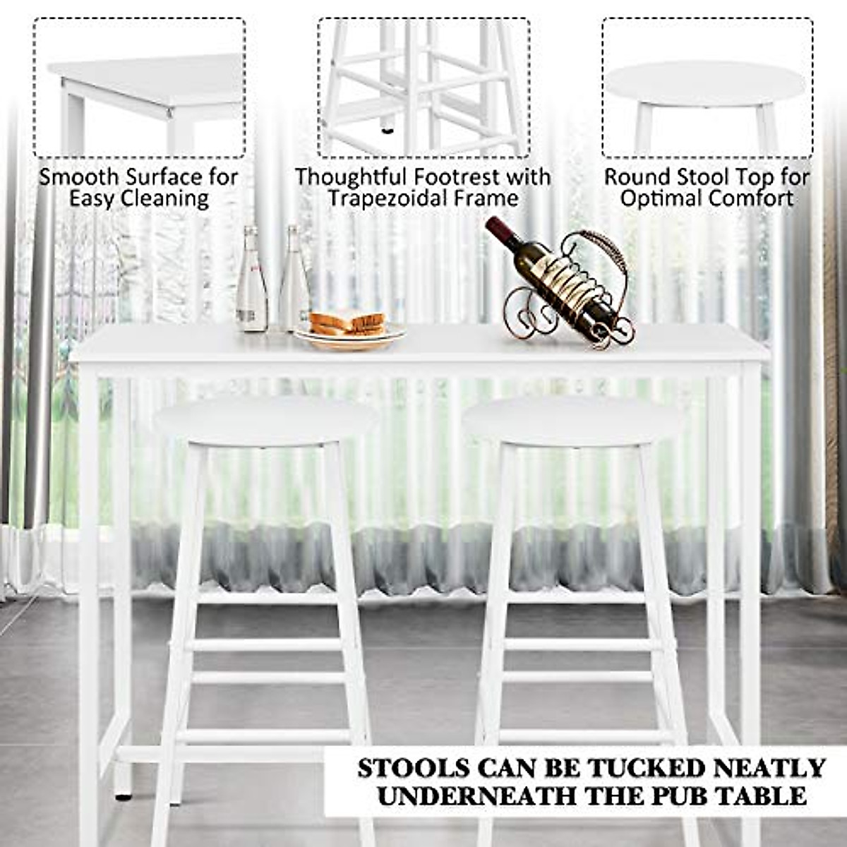 COSTWAY 3-Piece Pub Table Set, Bar Table with 2PCS Backless Bar Stools, Fashionable Simple Style, Kitchen Counter Height Dining Design, Breakfast Table Set for Kitchen, Restaurant, Small Space (White)