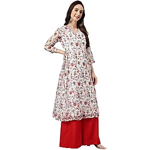 Janasya Indian Women's White Chiffon Lurex Floral Printed flared Kurta