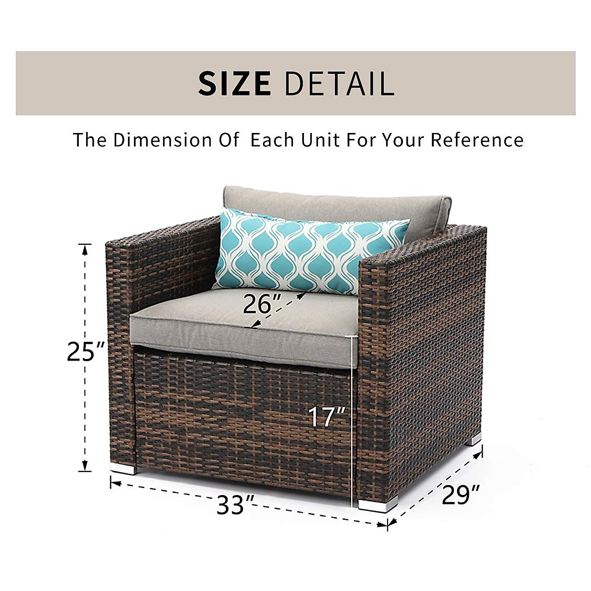 HOMPUS Outdoor Single Chairs All Weather Handwoven Mottlewood Brown Rattan w Warm Grey Cushion w Pillow for Garden, Poolside, Backyard