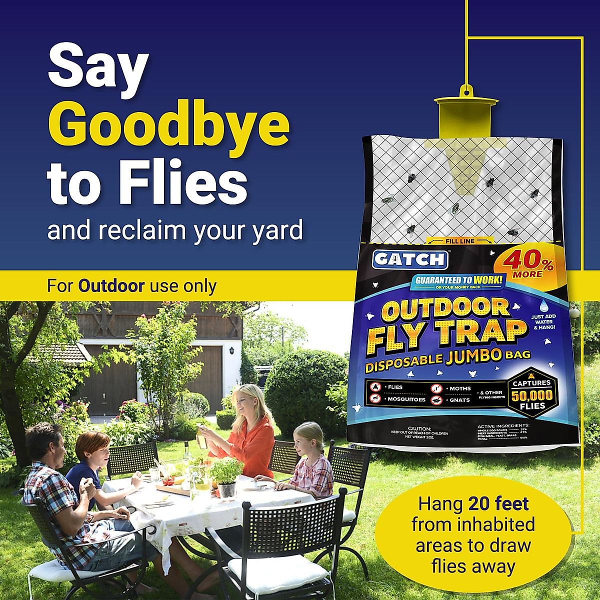 JUMBO Outdoor Fly Trap Bags (4 Pack), Disposable, Hanging Fly Catcher with Bait, Outdoor Use Fly Hunter Repellent Control Catcher Killer, Flies Trap for Barn, Farm, Mosquito, Bugs, Gnats, Ready to Use