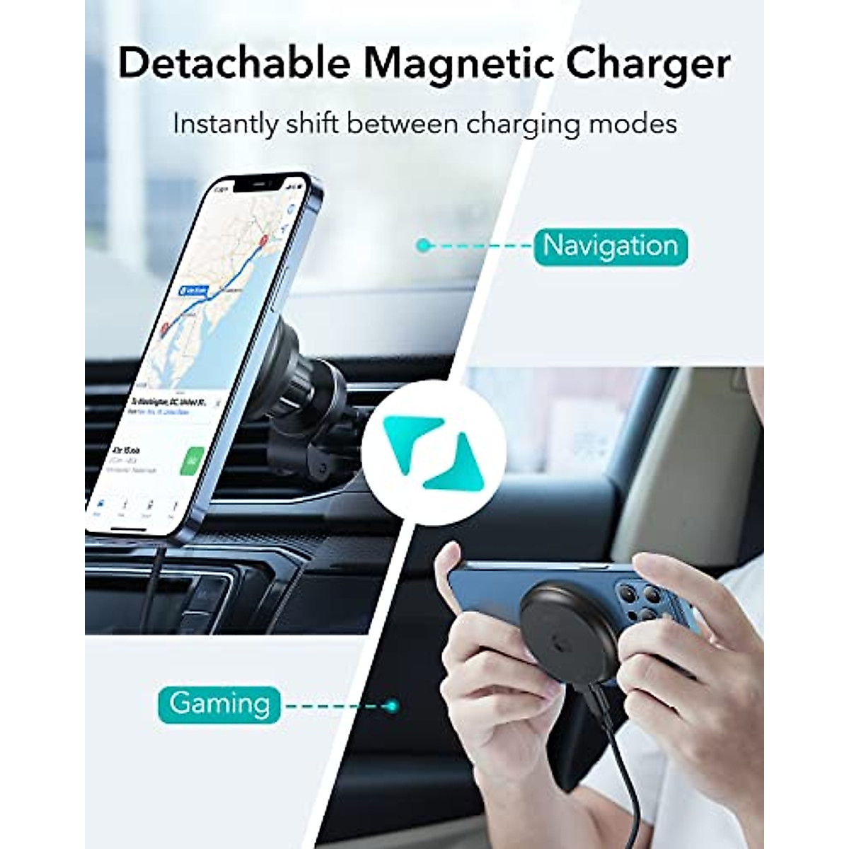 ESR Shift Wireless Car Charger (HaloLock), Compatible with MagSafe Car Charger, 2 Charging Modes, Detachable Fast Charging Pad, Car Phone Holder Mount for iPhone 14/13/12 Series, Car Accessories