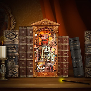Book Nook Kit, DIY 3D Bookshelf Insert Decor, Wooden Puzzle Dollhouse with Sensor LED Light, Bookend Building Set for Teens Adults - Magic Book House