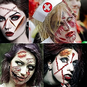 30 Sheets 215+ PCS 3D Fake Scars Tattoo Temporary Halloween Makeup Kit, Fake Stitches Tattoos Blood Chucky Scars Tatoos For Kids Women Men Boys Girls Sticker For 2023 Halloween Decoration
