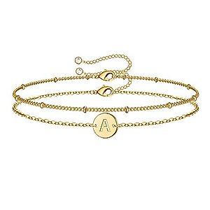 Gold Bracelets for Women Teen Girl Gifts, 14K Gold Filled Layered Letter A Initial Bracelet for Women Teen Girls Gifts Disc Charm Bracelet Gifts for Teen Girls Gold Initial Bracelets for Women Girls Gifts