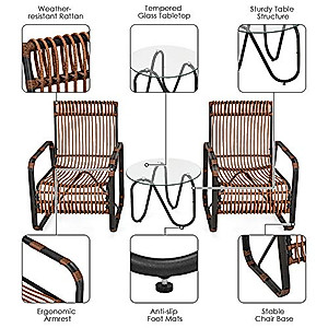 RELAX4LIFE 3-Piece Patio Conversation Set - PE Wicker Bistro Set with 2 Single Chairs & Tempered Glass Coffee Table, Outdoor Furniture Set for Garden, Backyard, Poolside, Lawn