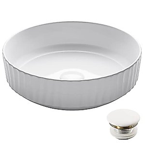 KRAUS Viva™ Round White Porcelain Ceramic Vessel Bathroom Sink with Pop-Up Drain, 15 3/4 in. D x 4 3/4 in. H, KCV-201GWH