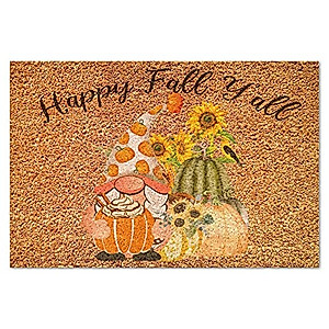 Happy Fall Y'all Coir Mat Autumn Harvest Gnome Pumpkin Sunflower Bird Doormats Durable Non Slip Waterproof Funny Front Door Mat for Garage Patio High Traffic Areas 16x24in Housewarming Gift