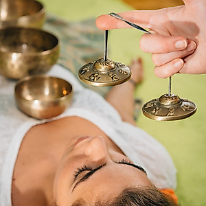 Boao Tibetan Tingsha Cymbals Meditation Chime Bells with Tibetan Drawstring Cloth Bag, 6.3 cm Meditation Chime Bells, for Percussion Instrument(Om Mane Padme Hum Symbols Embossed)