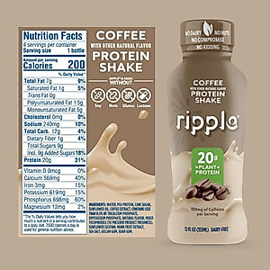 Ripple Vegan Protein Shake | Coffee Flavor | 100mg of Caffeine | 20g Nutritious Plant Based Pea Protein | Shelf Stable | Free of GMOs, Soy, Nut, Gluten, Lactose | 12 oz, Pack of 12