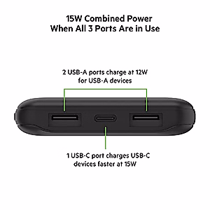 Belkin USB-C Portable Charger Power Bank, 10,000 mAh with 1 USB-C Port and 2 USB-A Ports for up to 15W Charging for iPhone 14 Pro, 14 Pro Max, AirPods, iPad, Galaxy S23, S23+, Ultra - Black
