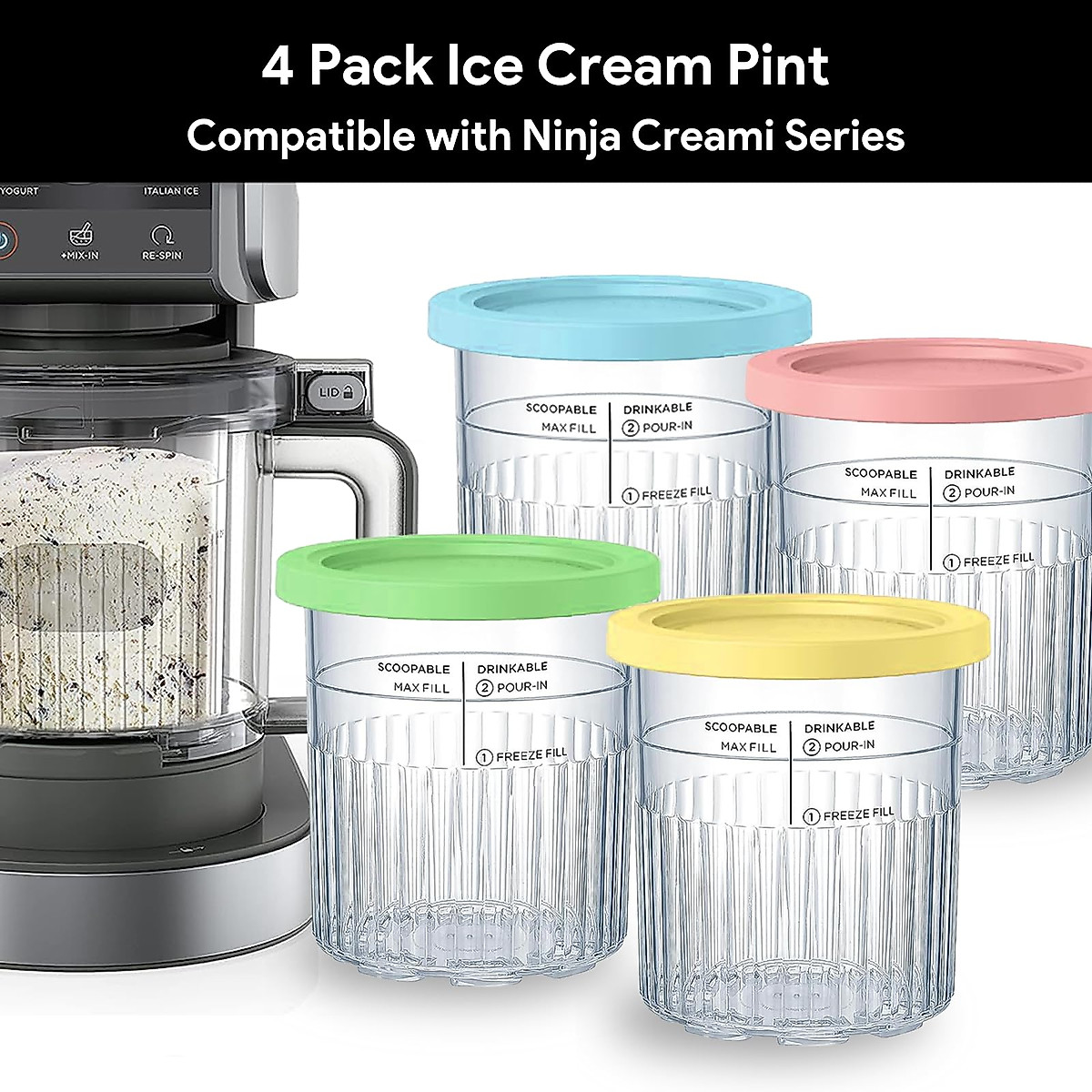 ChooKaChoo Upgraded Containers Replacement for Ninja Creami Pints and Lids, Compatible with NC301 NC300 Series Ice Cream Maker, Leak-proof Lids, BPA Free, Dishwasher Safe, Grey/Lime/Pink/Aqua (NC501)