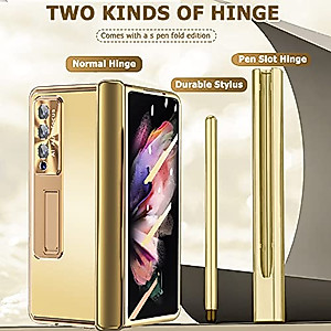NINKI Compatible Samsung Galaxy Z Fold 3 Phone Case with Screen Protector & S Pen,Aluminum Hinge Protection Stand Case Samsung Z Fold 3 Case with S Pen Holder,Galaxy Fold 3 Metal Case with Stand Gold