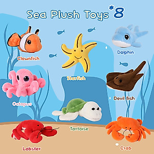 Muiteiur Plush Soft Ocean Animals Set with Plush Sea Shell House Includes Stuffed Turtle, Lobster, Crab, Dolphin, Devil Fish, Octopus, Starfish, Clownfish (Multicolor,8 Piece)