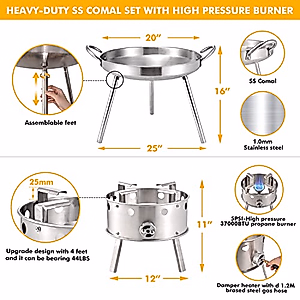 AOSION-Heavy Duty 21" Stainless Steel Comal Set with Propane Burner Stove,Discada Disc Cooker,Large Mexican Style Comal Grill Outdoor Frying pan Great for Backyard and Outdoor Cooking.