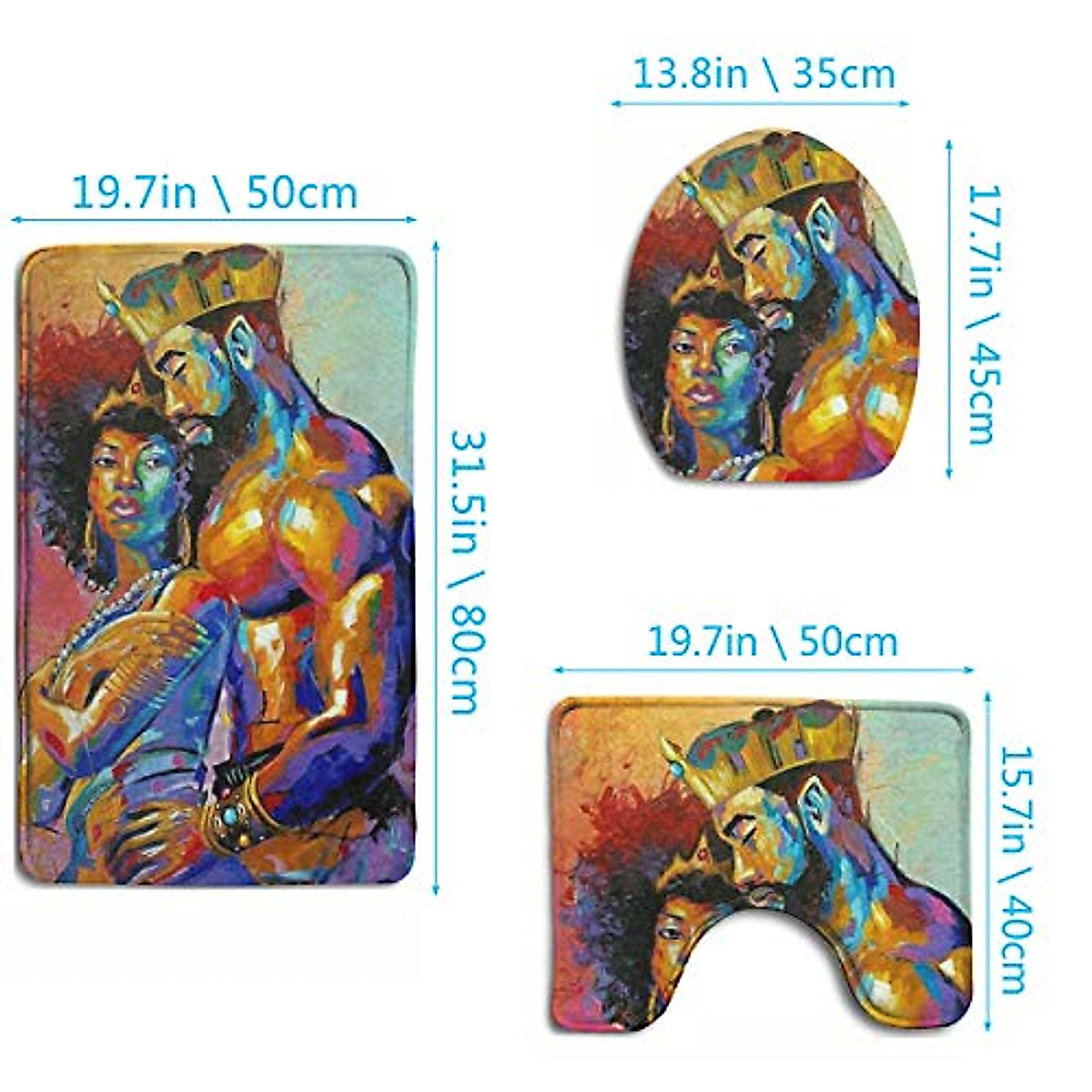 EVERMARKET Soft Comfort Flannel Bathroom Mats,Anti-Skid Absorbent Toilet Seat Cover Bath Mat Lid Cover,3pcs/Set Rugs-African American Lovers Couple