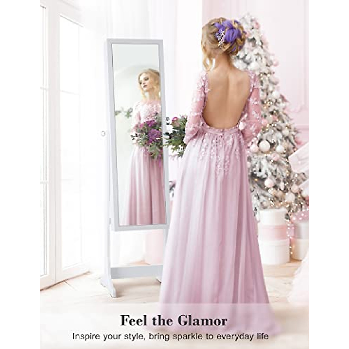 Nicetree Touch Screen LED Jewelry Organizer, Freestanding Full Length Mirror Jewelry Cabinet, Standing Mirror with Jewelry Storage, 2 Drawers, Foldable Makeup Shelf，White